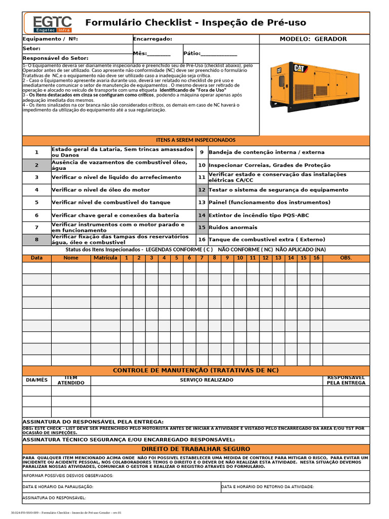 Formulário de Inspeção - Pré Uso Gerador Rev.02 | PDF