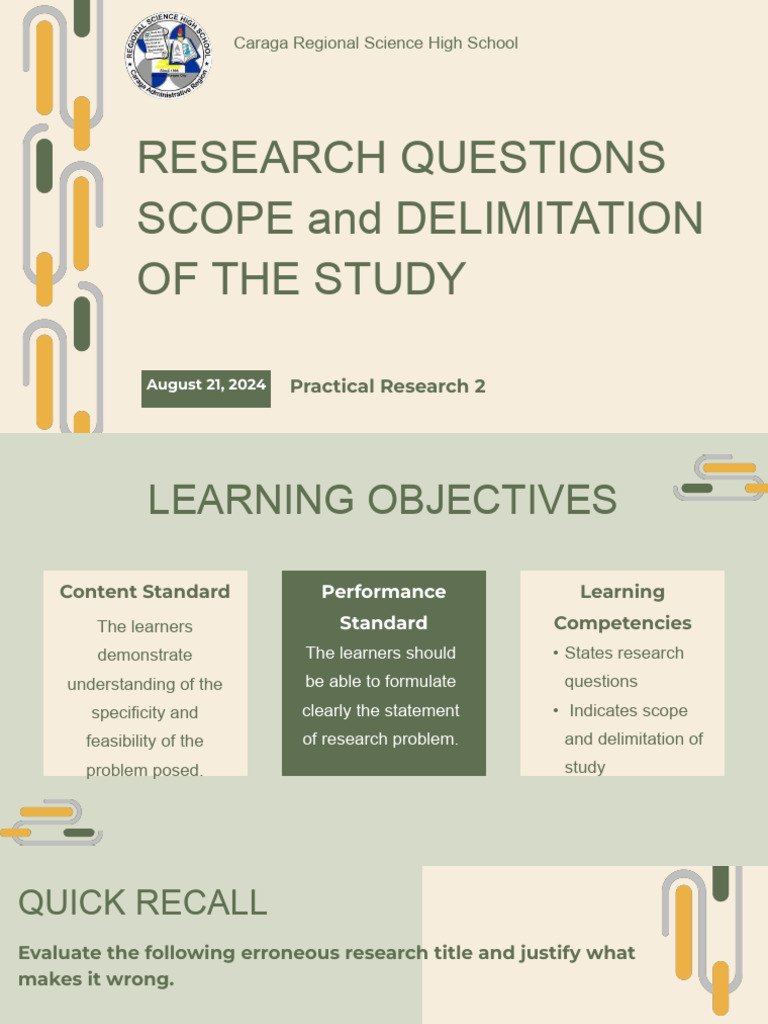 RESEARCH QUESTIONS Scoe and Delimitations | PDF