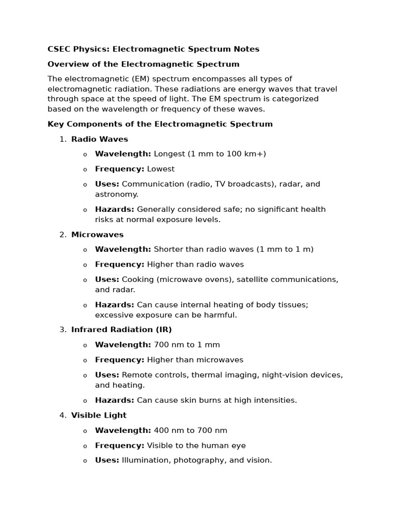 CSEC Physics Electromagnetic Spectrum Summary | PDF