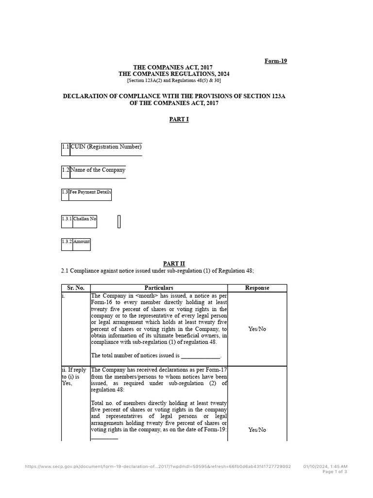Form 19 DECLARATION OF COMPLIANCE WITH THE PROVISIONS OF SECTION 123A ...