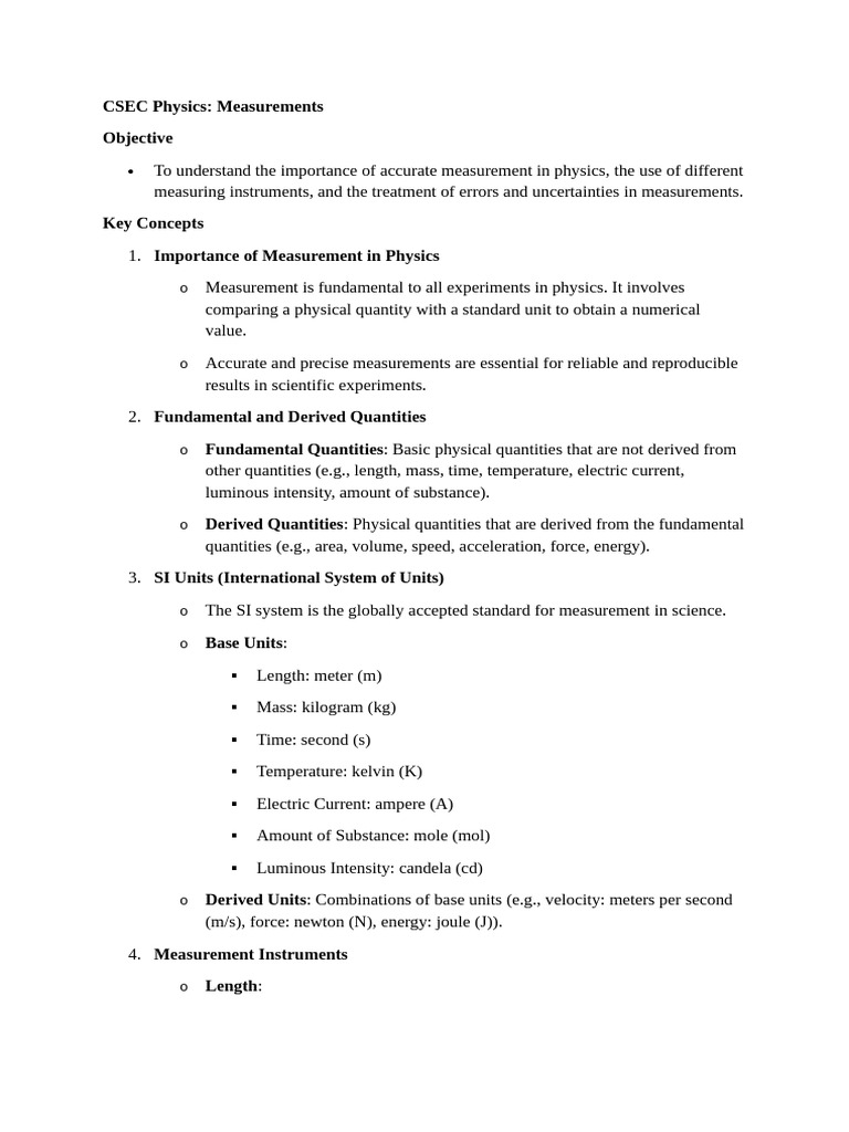 CSEC Physics Measurement Summary Notes | PDF
