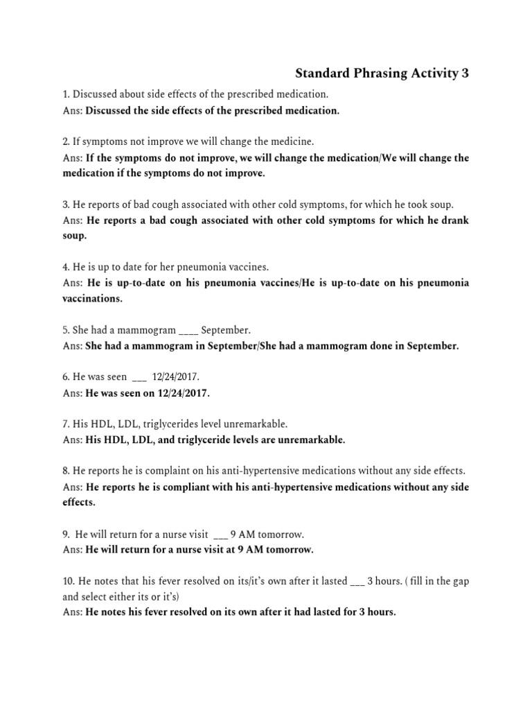 Answer Key For Standard Phrasing Activity 3 | PDF | Health Sciences | Science & Mathematics