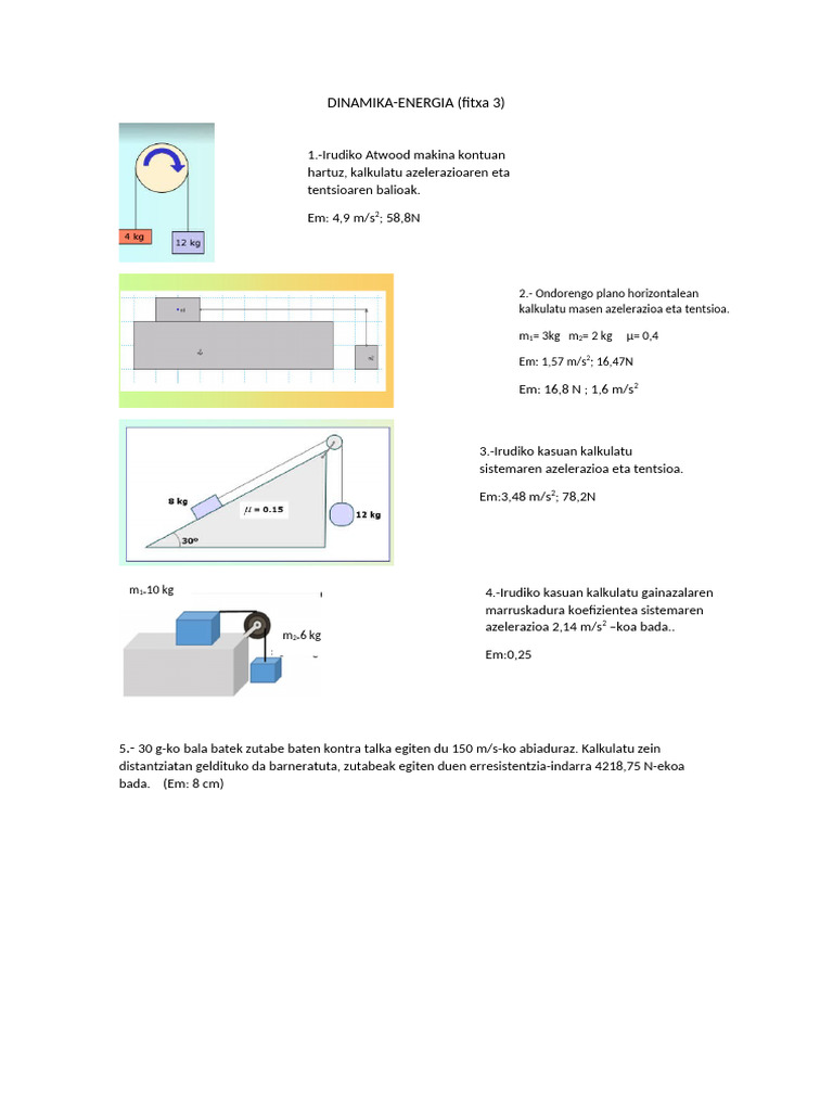 Dinamika-Energia Ariketak Fitxa 3 (Errepasoa) | PDF