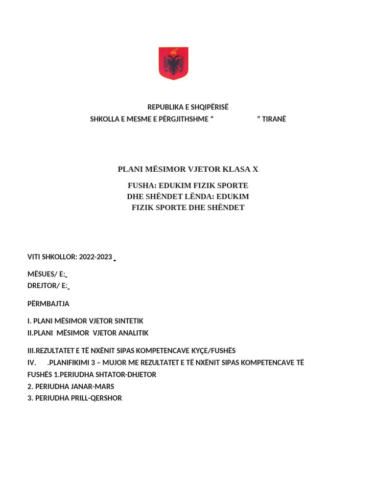 Edukim Fizik Plan Vjetor Klasa X 2022 20 | PDF