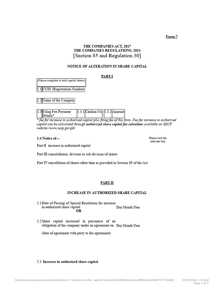 Form 7 NOTICE OF ALTERATION IN SHARE CAPITAL | PDF