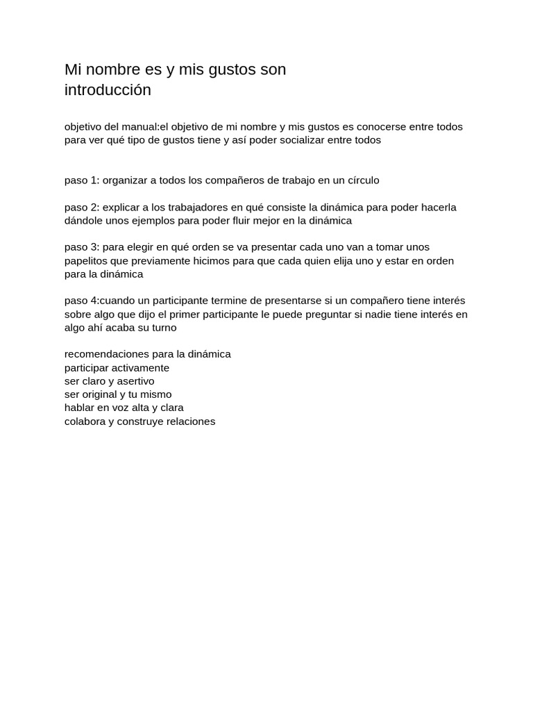 Mi Nombre Es y Mis Gustos Son | PDF