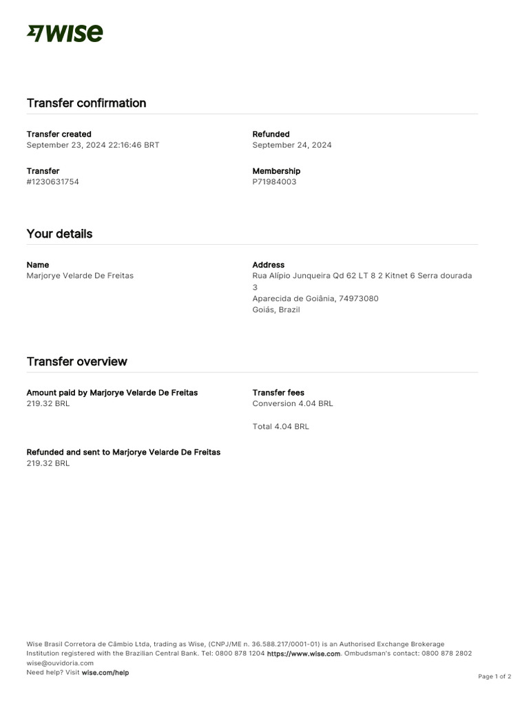 Wise Transaction Invoice Transfer 1230631754 3967697459 PT | PDF