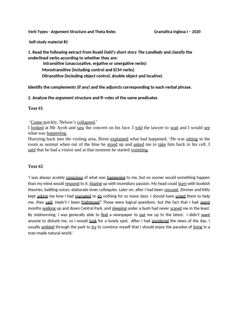 Verb Types Argument Structure and Theta Roles - Self-Study Material #2 ...