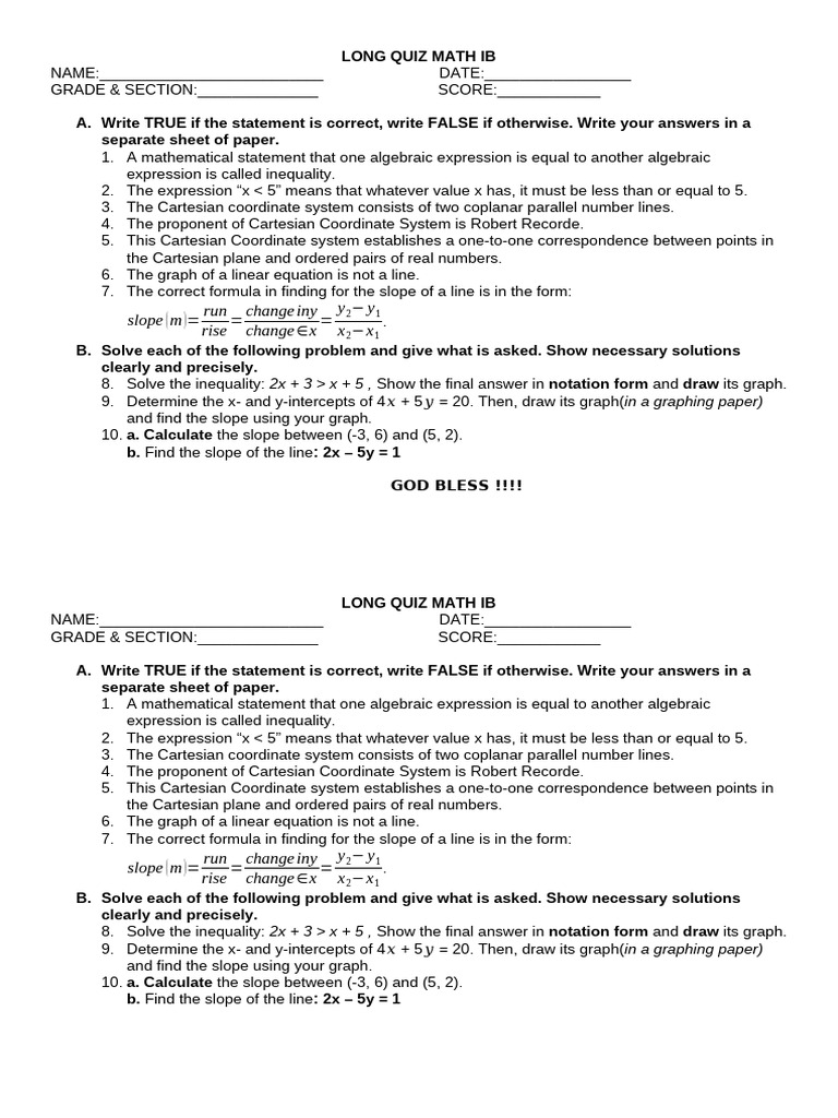 1stlong Quiz Math Ib | PDF