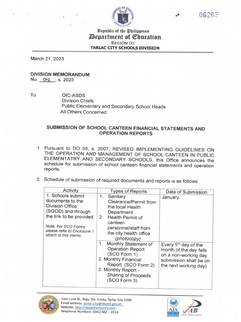 Division Memo No. 52, S. 2023 - SUBMISSION OF SCH CANTEEN FINANCIAL ...