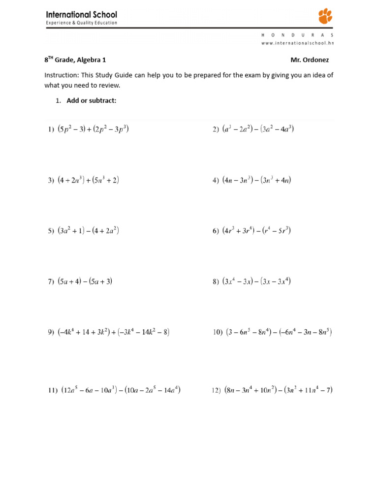 Algebra 1 - Study Guide - IV Quarter | PDF