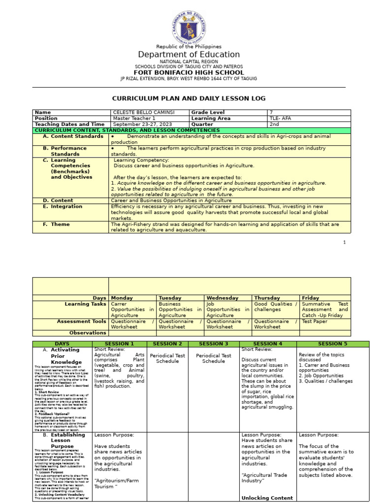 Corrected FBHS - Curriculum Plan and Daily Lesson Log Template 2024 2025 TLE SEPT 23 27 | PDF