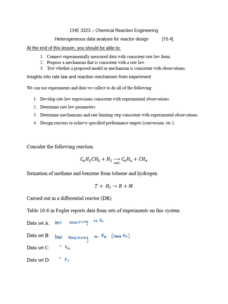 CHE 3323 - 40 - Heterogeneous Data Analysis For Reactor Design | PDF