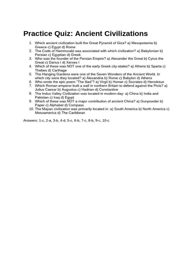 Practice Quiz - Ancient Civilizations | PDF