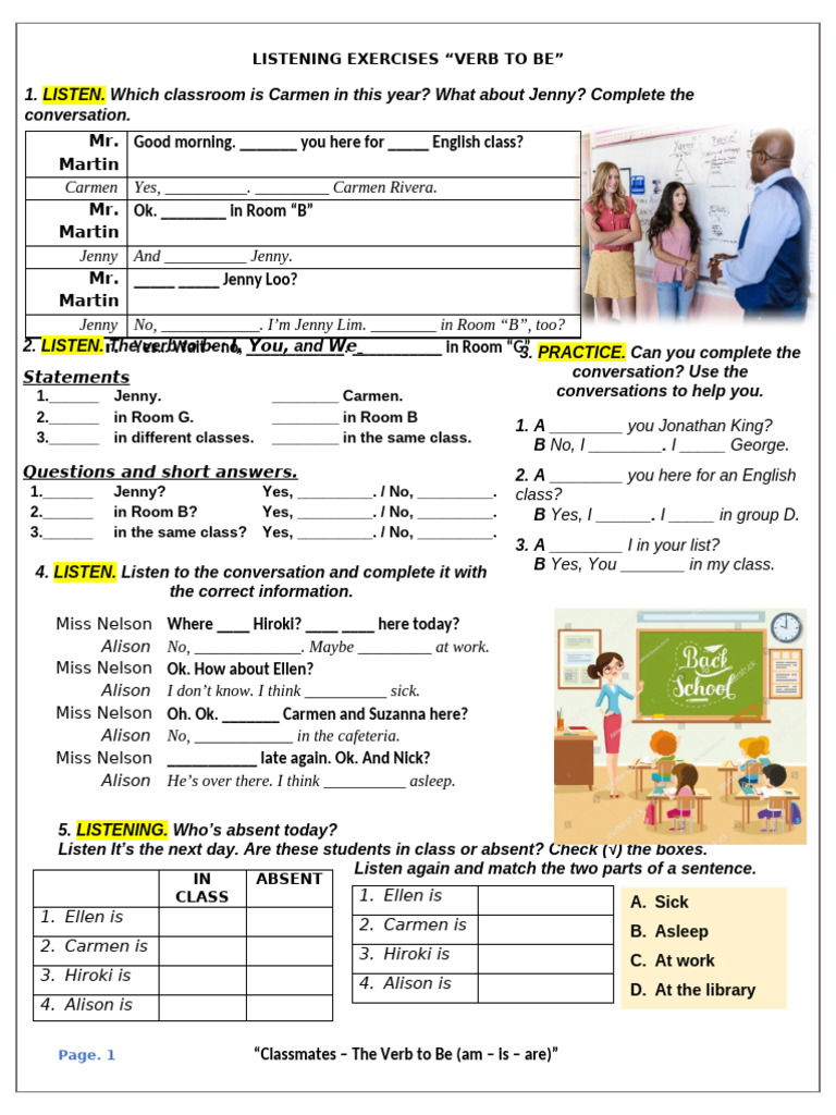 Listening Exercises: Verb to Be | PDF | Linguistics | Grammar
