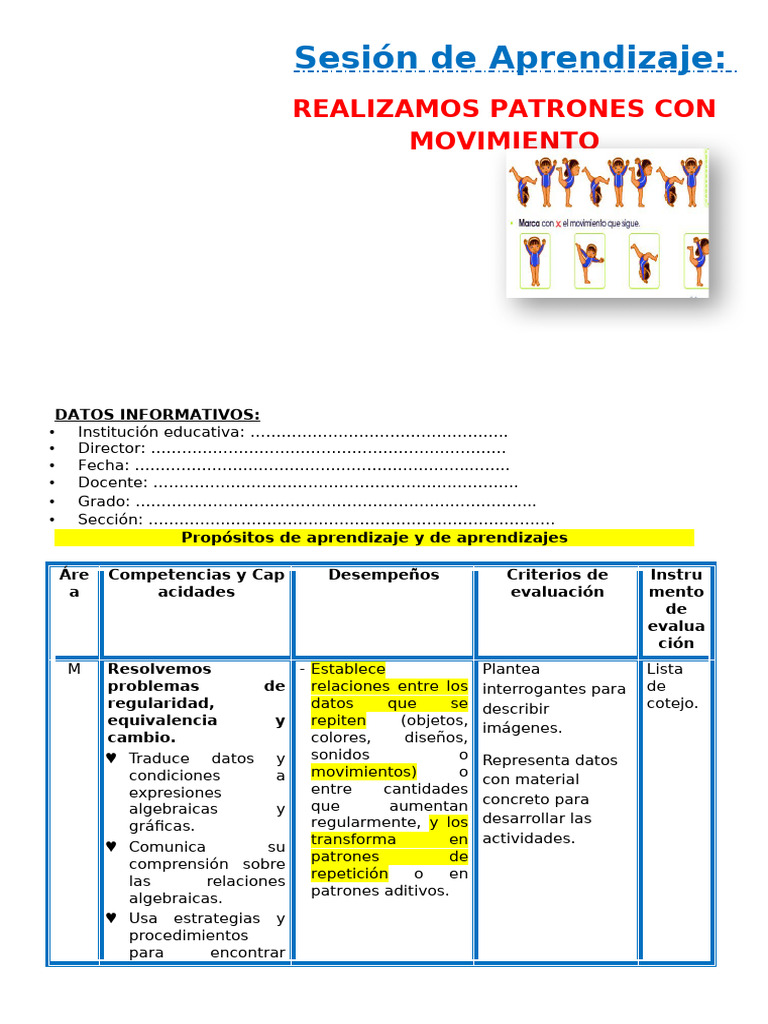 1° Sesión Día 2 Mat Realizamos Patrones Con Movimiento | PDF ...