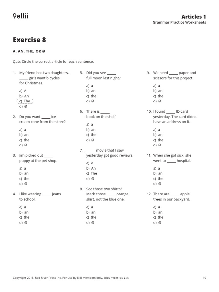 Last EXArticles 1 - Grammar Practice Worksheets - Ellii | PDF
