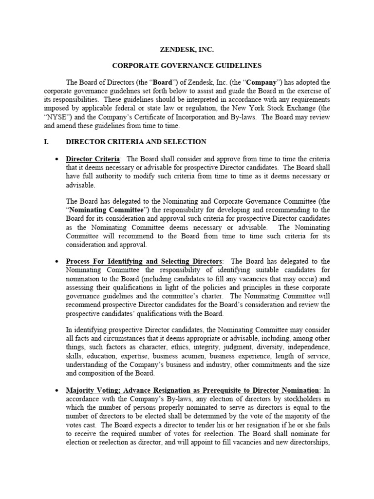 Zendesk Corporate Governance Guidelines | PDF | Committee | Board Of Directors