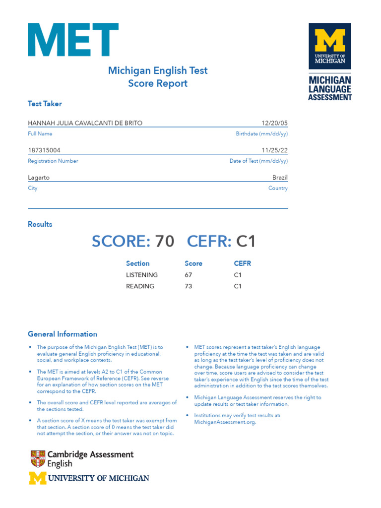 Score: Cefr:: Michigan English Test Score Report | PDF