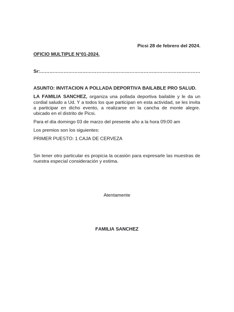 Oficio de Pollada Deportiva 2 | PDF