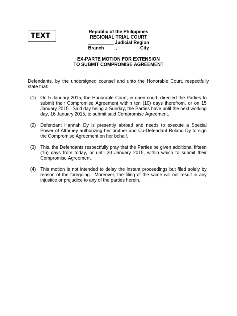 Ex Parte Motion For Extension To Submit Compromise Agreement | PDF