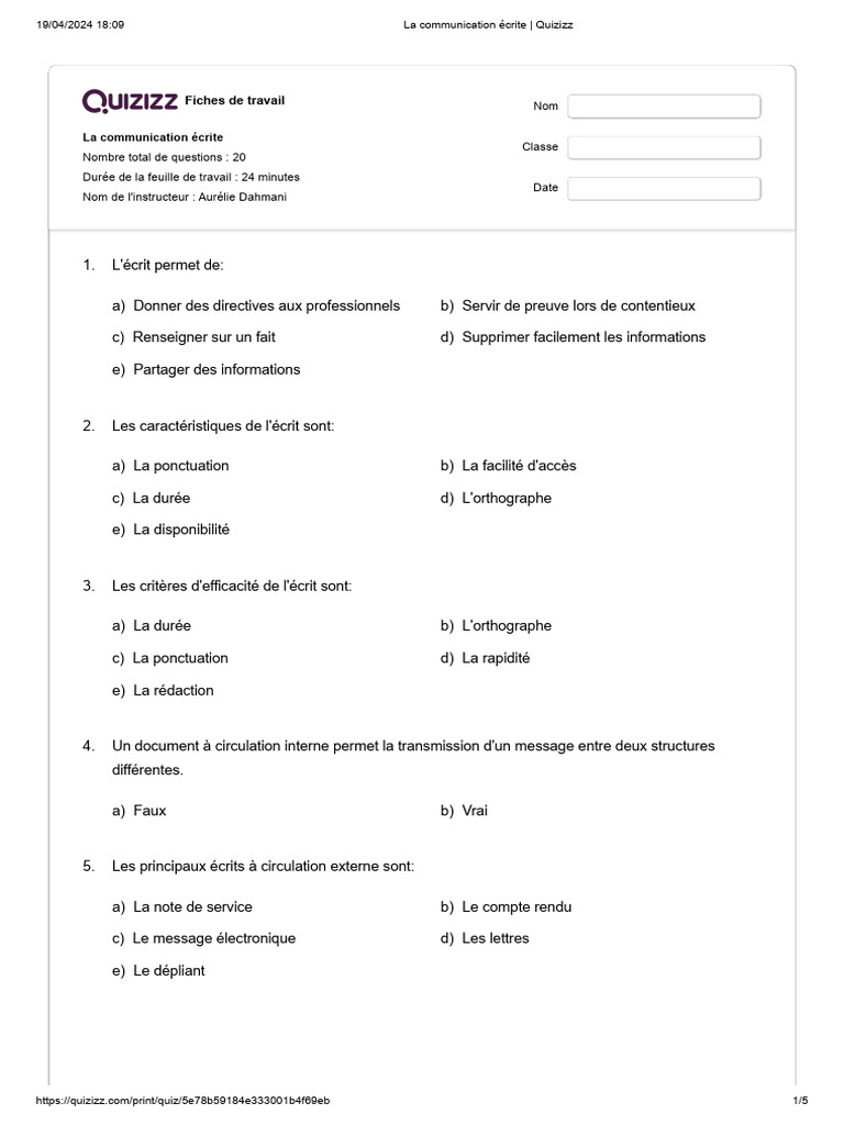 La Communication Écrite 2 - Quizizz | PDF