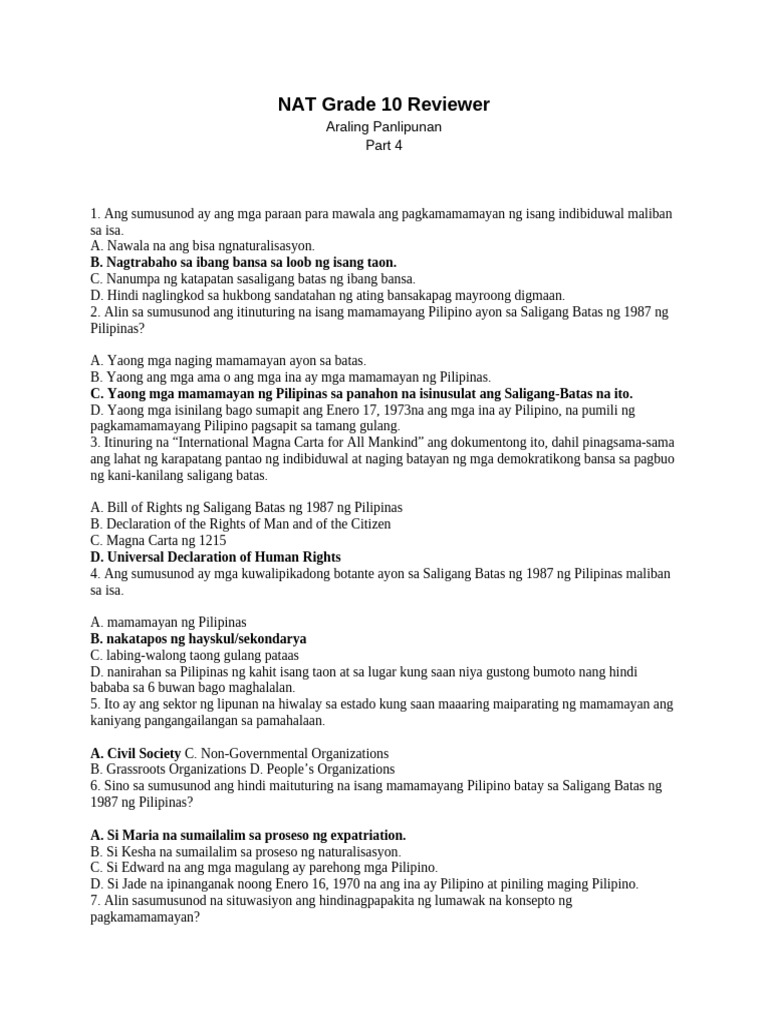 NAT Grade 10 Reviewer (Aral Pan) Part 4 | PDF