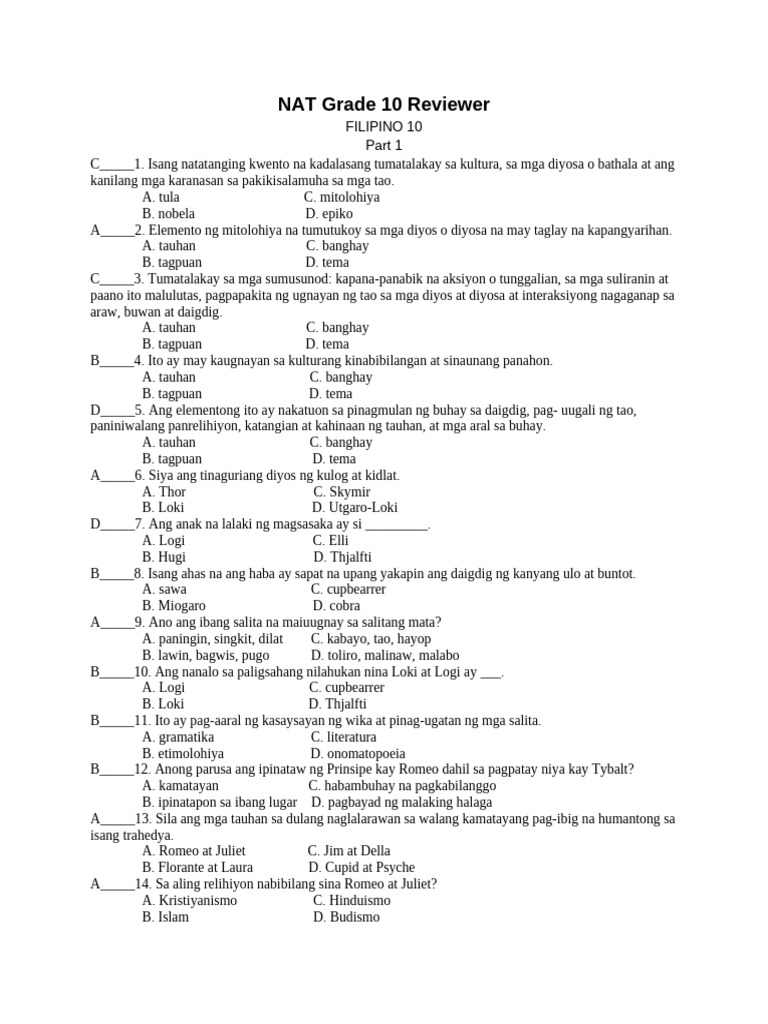 NAT Grade 10 Reviewer (Filipino) Part 1 | PDF