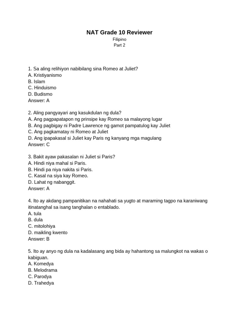 NAT Grade 10 Reviewer (Filipino) Part 2 | PDF