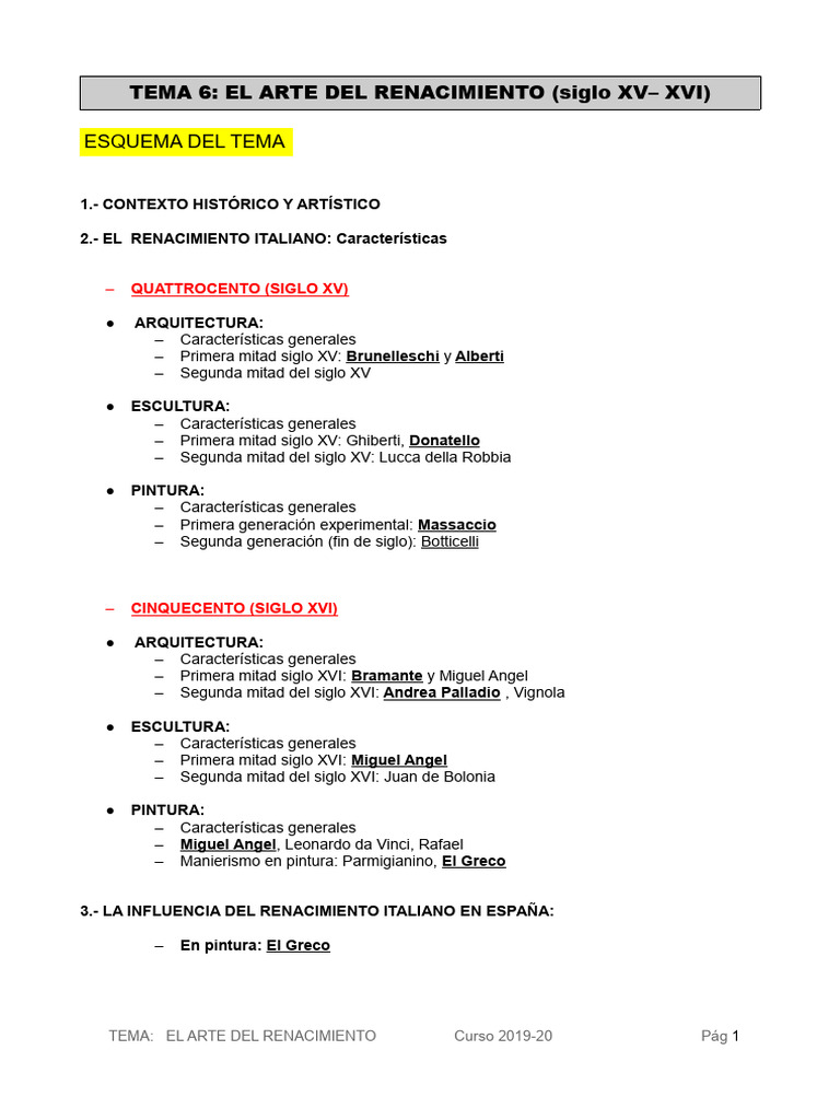 Tema 6 Arte Renacimiento-MIO-2019-20 | PDF