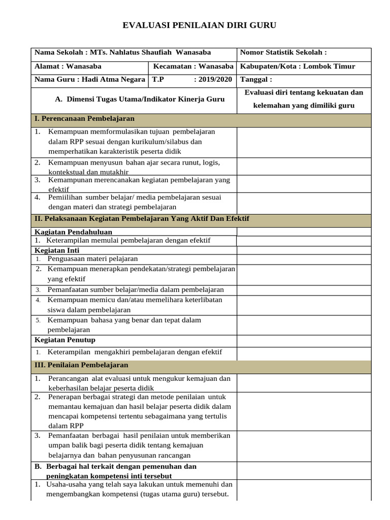 Format Evaluasi Diri Guru 1 | PDF