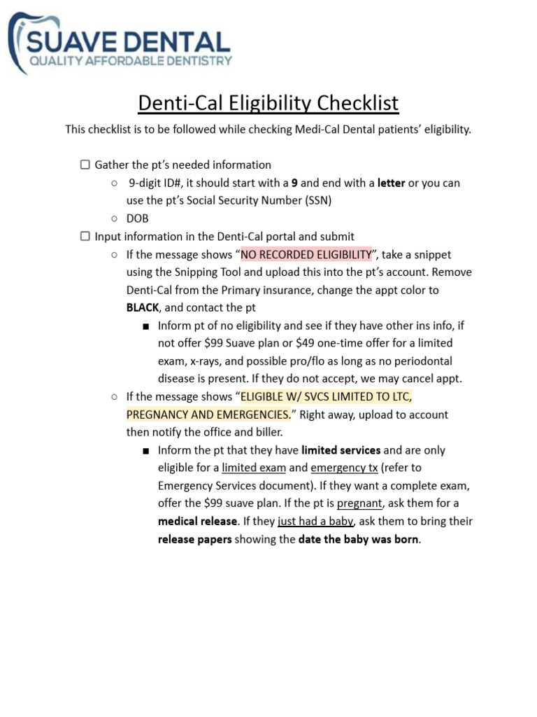 Checklist For Denti-Cal Eligibility | PDF