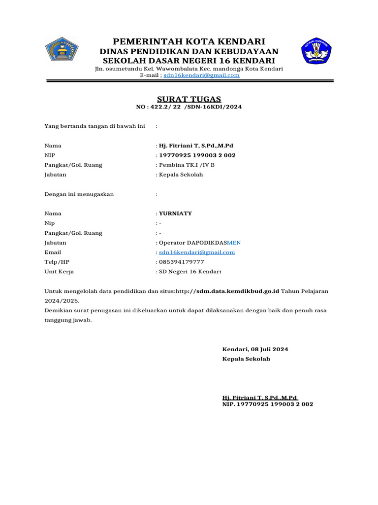 Surat Tugas Ops SDN 16 Kdi | PDF