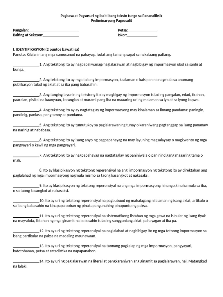 Pre-Midterm Sa Pagbasa at Pagsusuri NG Iba - Ibang Teksto | PDF