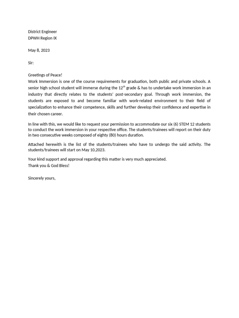 Work Immersion Letter - DPWH | PDF