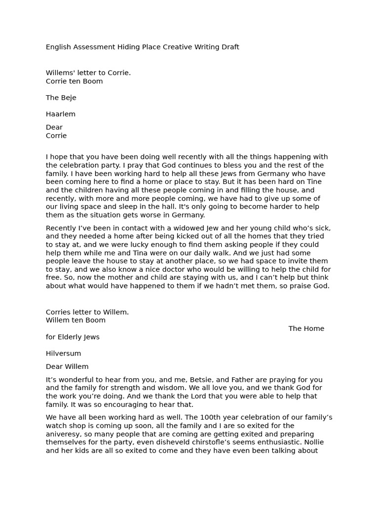 English Assessment Hiding Place Creative Writing Draft | PDF