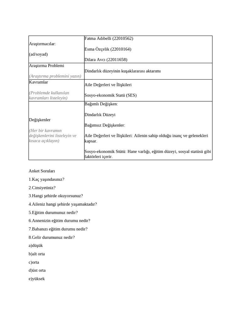 Nicel Araştırmalar Anket Soruları Dilaraa. Esmaö. Fatmaa. | PDF