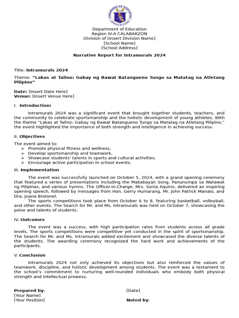 Narrative Report Intramurals 2024 | PDF
