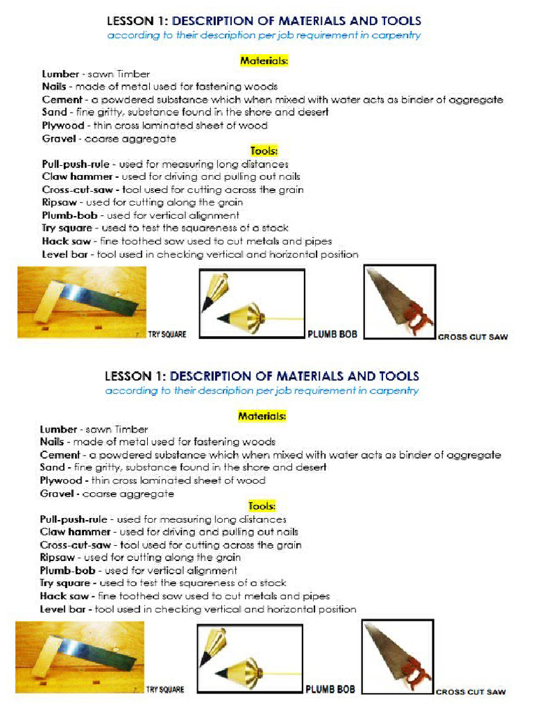 Materials and Tools Lesson 1 Hand Out | PDF