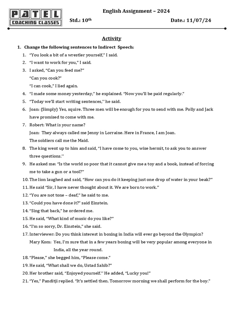 English - Direct & Indirect Speech | PDF | Sports & Recreation ...