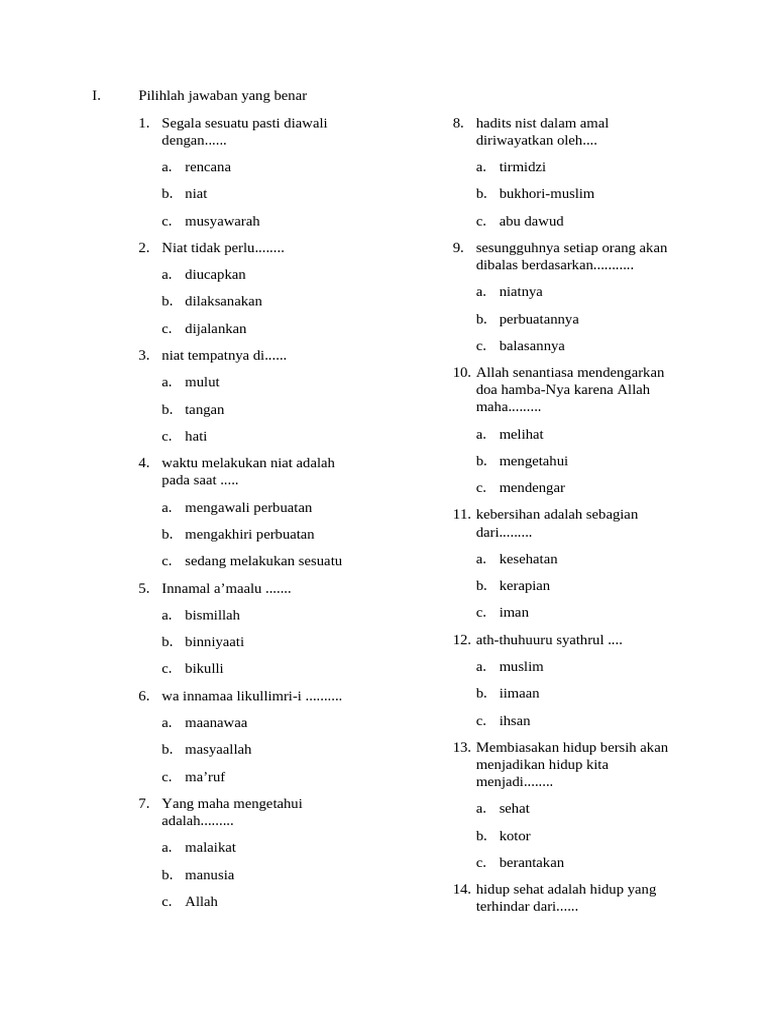 Soal UTS Semester 1 Al Quran Hadist Kelas 1 | PDF | Semitic Words And Phrases | Abrahamic Religions
