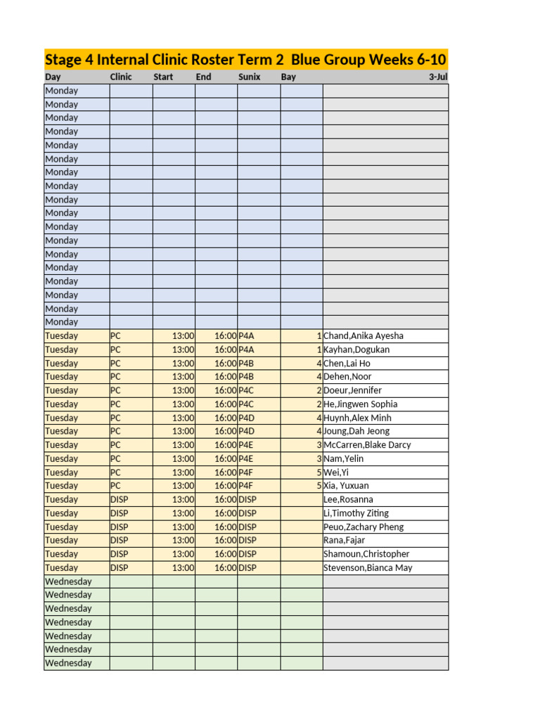 Stage 4 Internal Clinic Roster Term 2 Blue Group Weeks 6-10 | PDF
