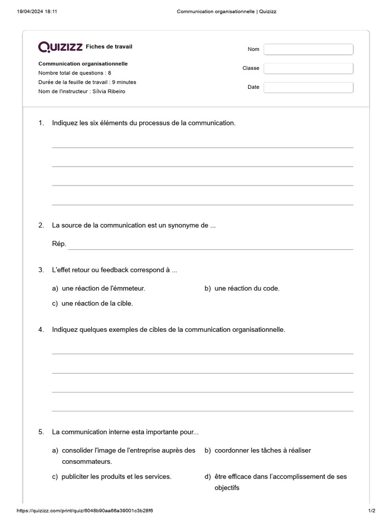 Communication Organisationnelle - Quizizz | PDF