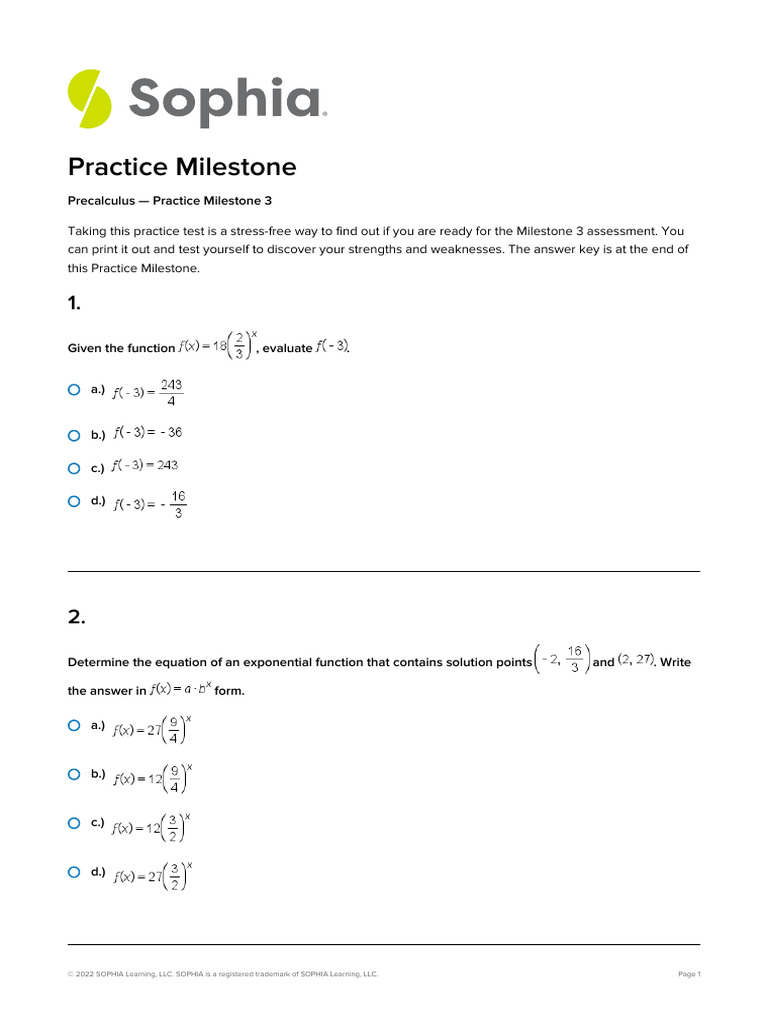 Precalculus Practice Milestone 3 Guide | PDF | Exponential Function ...