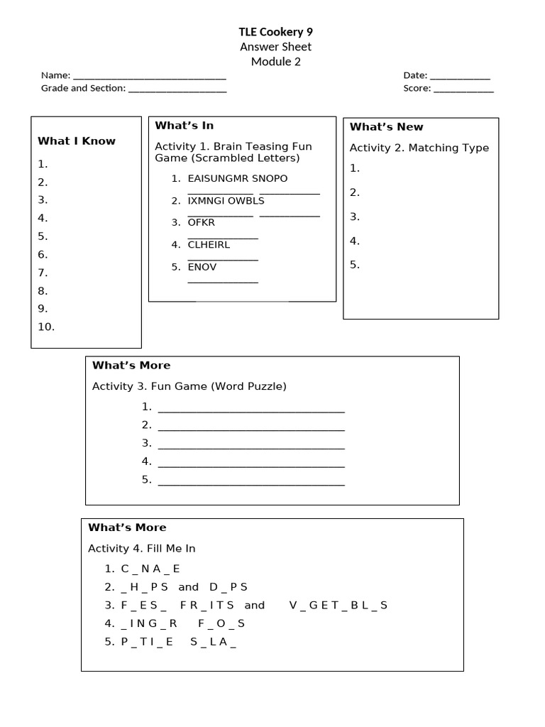 aNSWER SHEET TLE Cookery 9 M2 | PDF