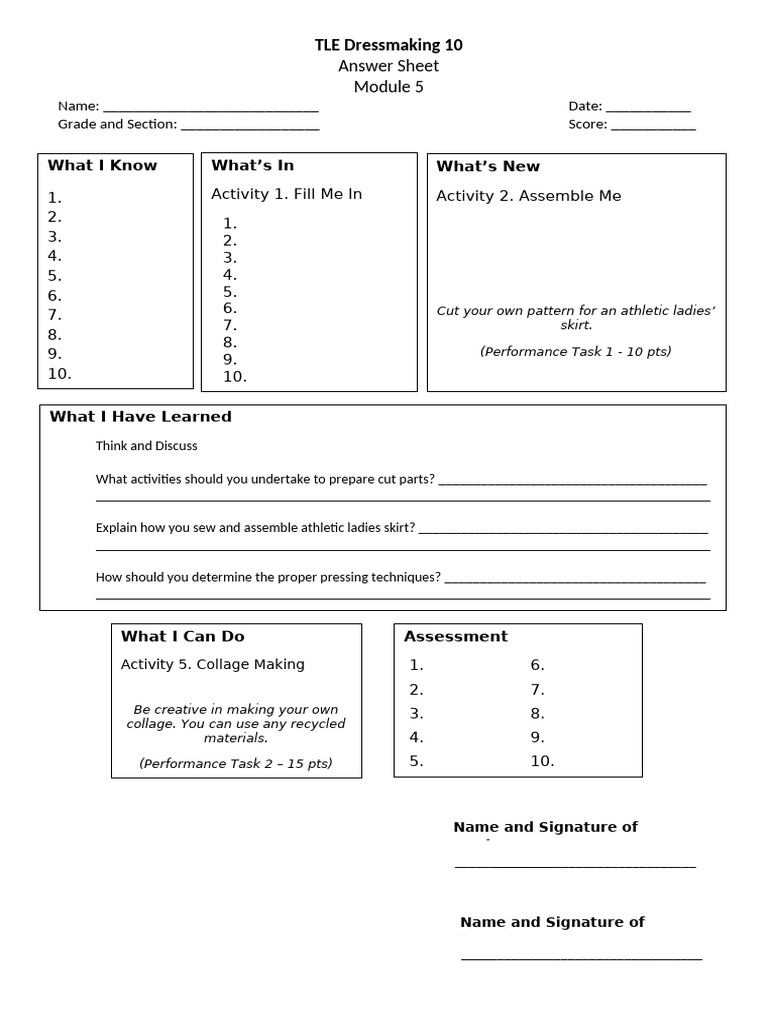ANSWER SHEET TLE Dressmaking 10 m5 | PDF