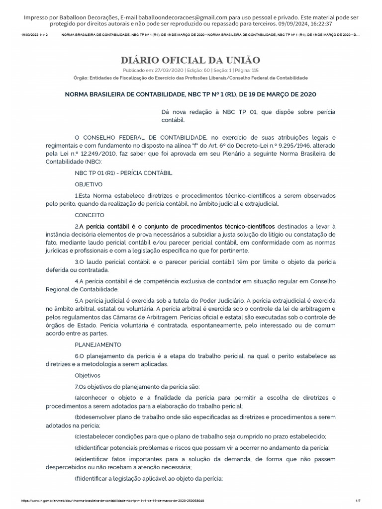 Diário Oficial Da União: Norma Brasileira de Contabilidade, NBC TP #1 ...