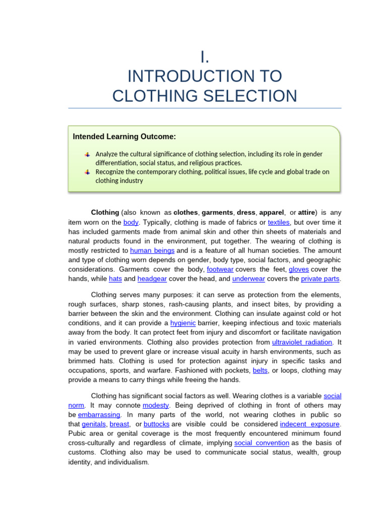 I. Introduction To Clothing Selection | PDF | Clothing | Fashion