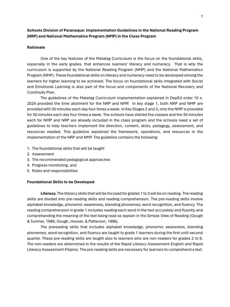 NRP NMP Guidelines SDO Paranaque | PDF