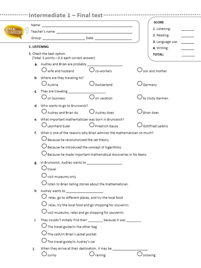 Intermediate 1 Final Written Test | PDF